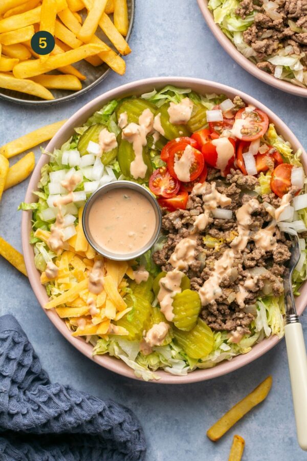 Big Mac Burger Salad Bowl (meal prep favorite) - Oh Snap Macros