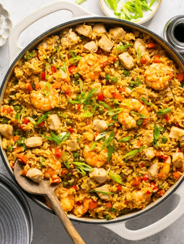 One Pan Shrimp and Chicken Fried Rice (high protein) - Oh Snap Macros