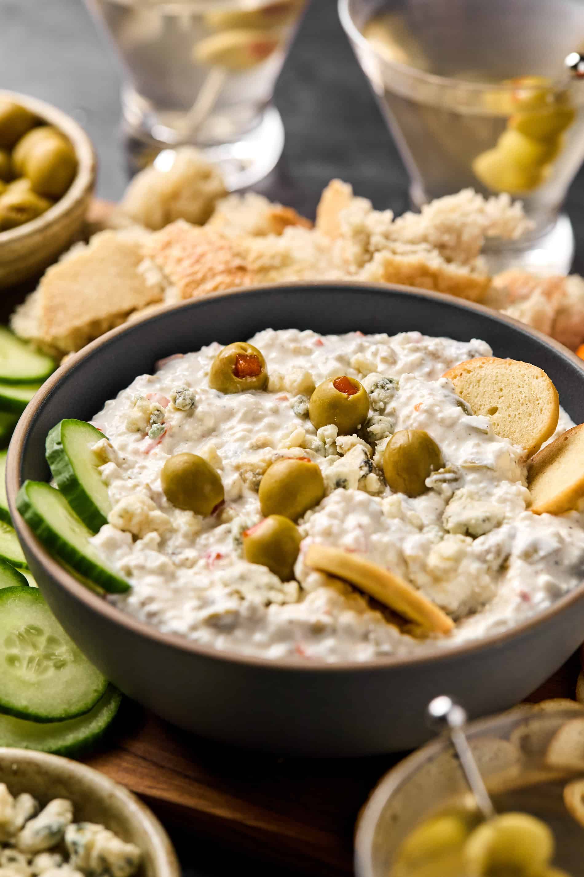 High Protein Blue Cheese Stuffed Dirty Martini Dip - Oh Snap Macros
