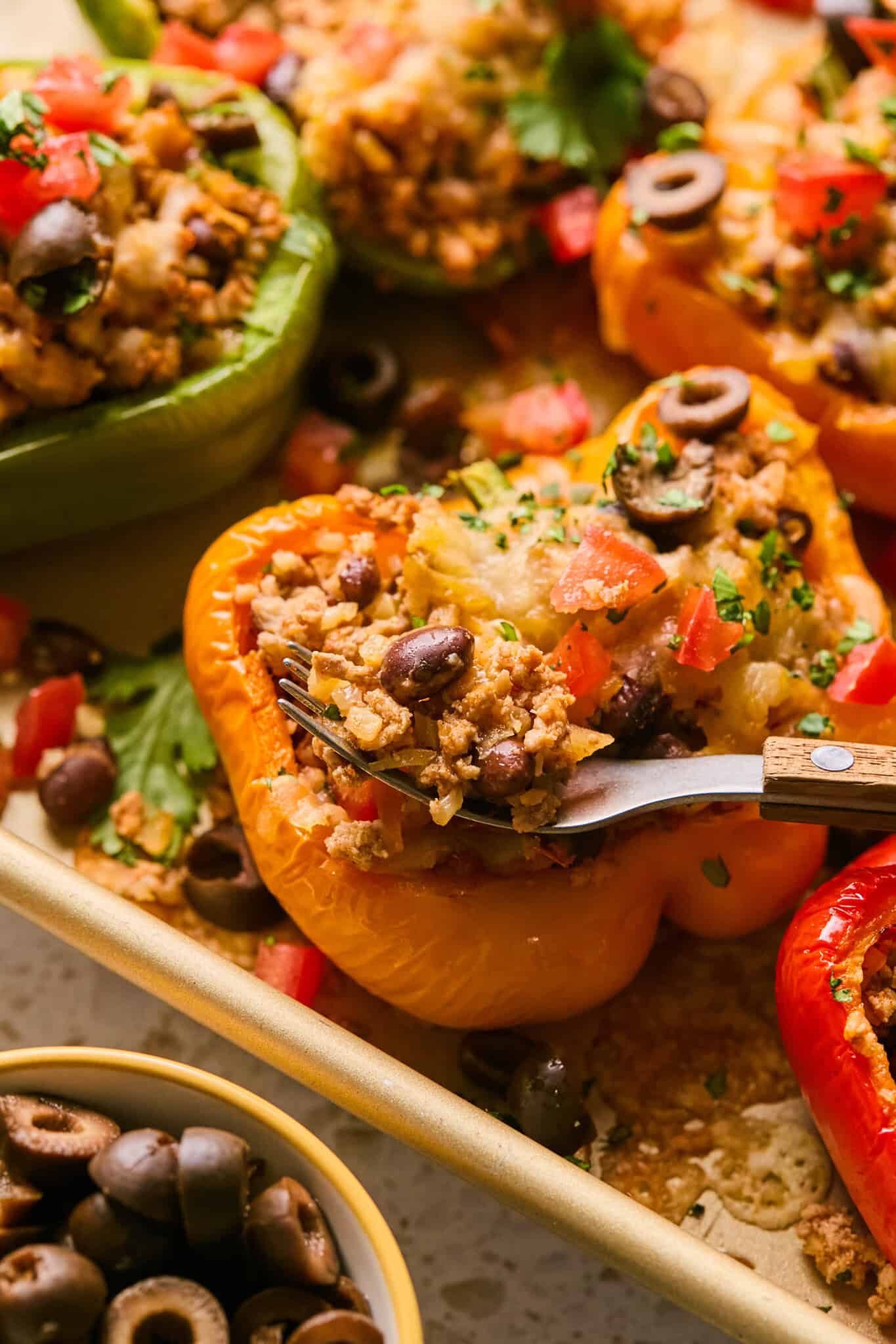 Cheesy Ground Turkey and Cauliflower Taco Stuffed Peppers - Oh Snap Macros