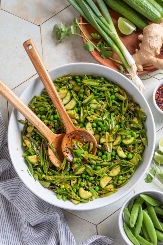 Snap Pea Salad with Chili Crunch Sesame Dressing - Oh Snap Macros